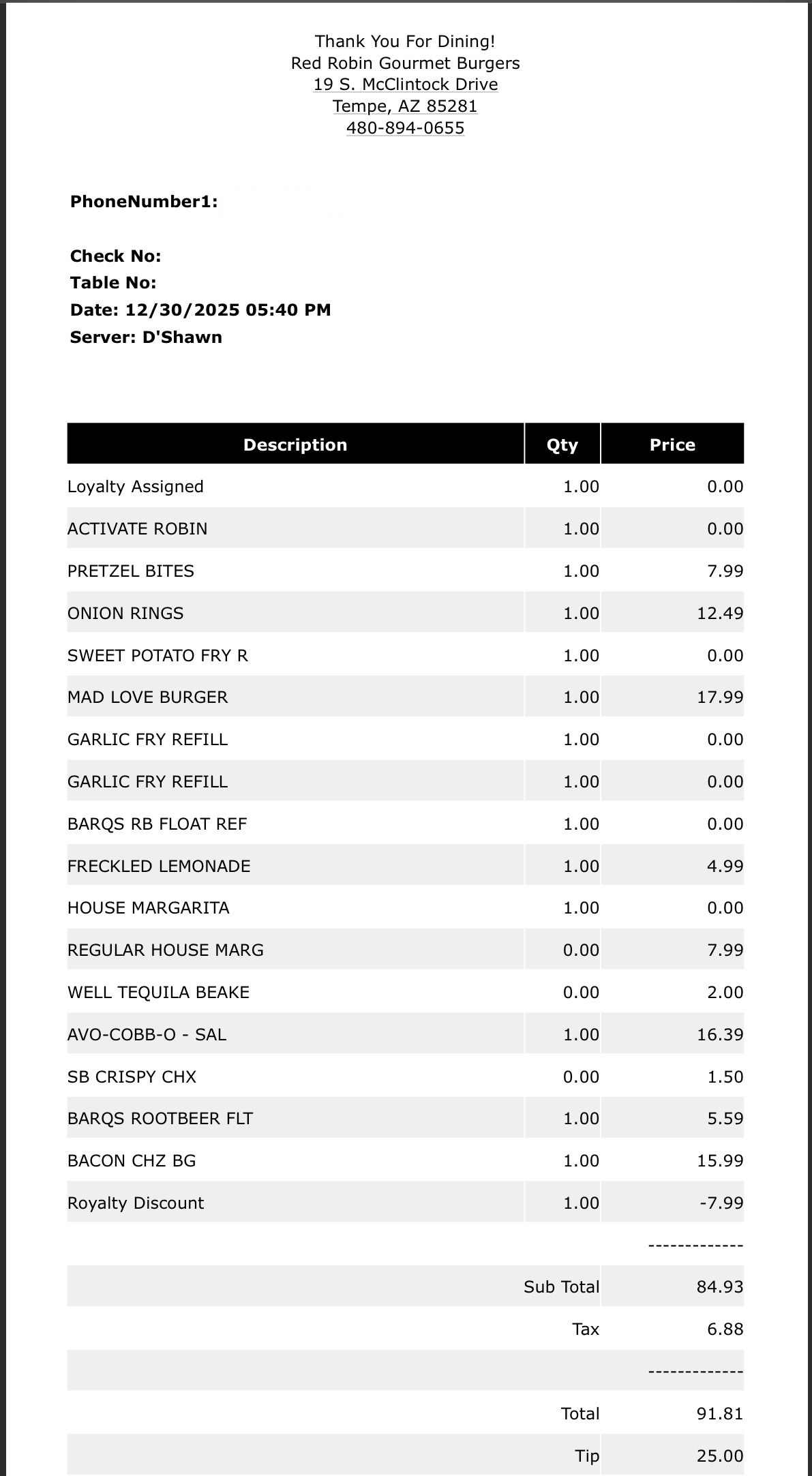 Food Safety Report - Red Robin, Tempe Arizona